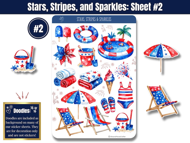 Patriotic Sticker Sheet Set, Red White Blue Watercolor Journal Stickers ...