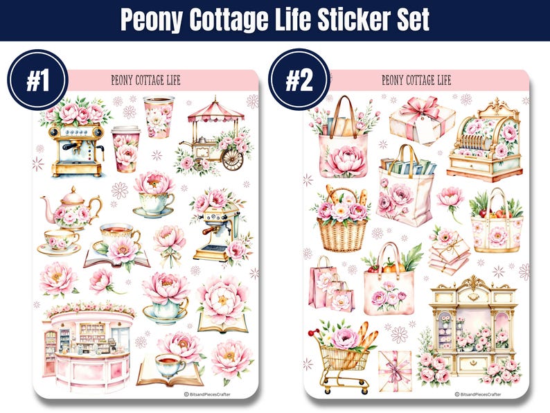 Peony Floral Sticker Sheets, Pink Watercolor Journal Stickers, Bujo ...