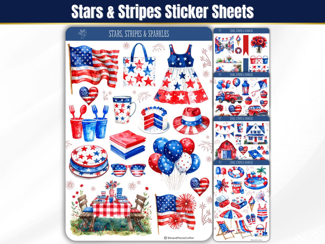 Patriotic Sticker Sheet Set, Red White Blue Watercolor Journal Stickers ...
