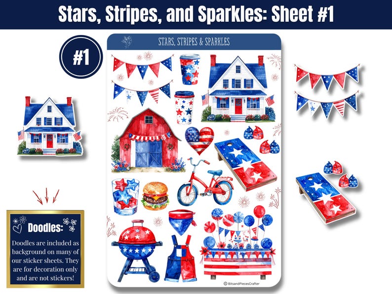 Patriotic Sticker Sheet Set, Red White Blue Watercolor Journal Stickers ...