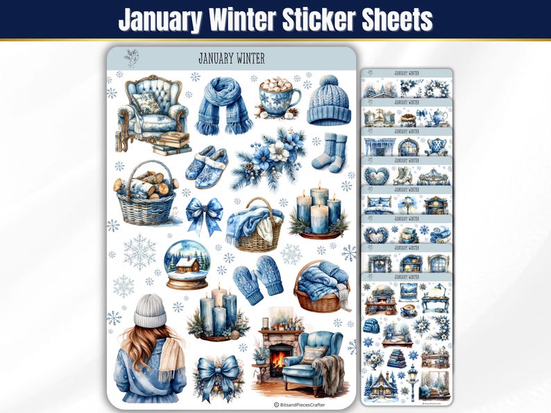Winter Blue Sticker Sheets, Watercolor Blue Seasonal Journal Stickers ...