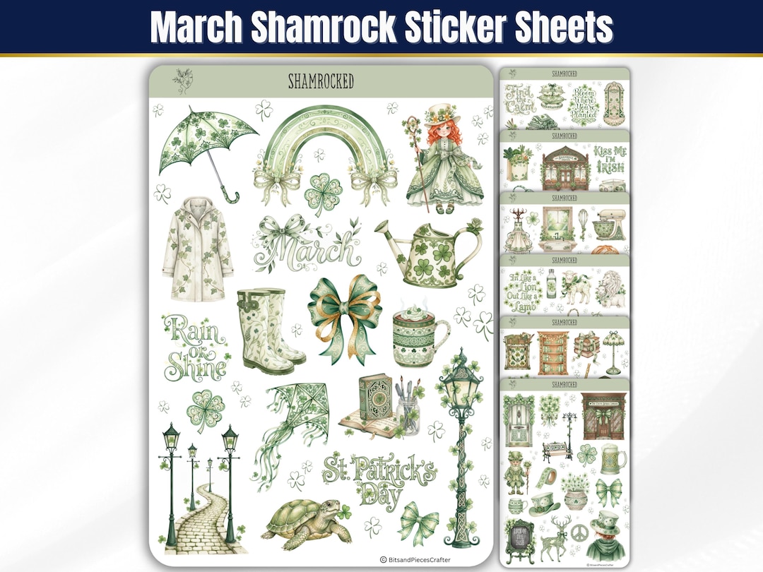 Spring Shamrock Sticker Sheet Set, Watercolor Botanical Journal ...