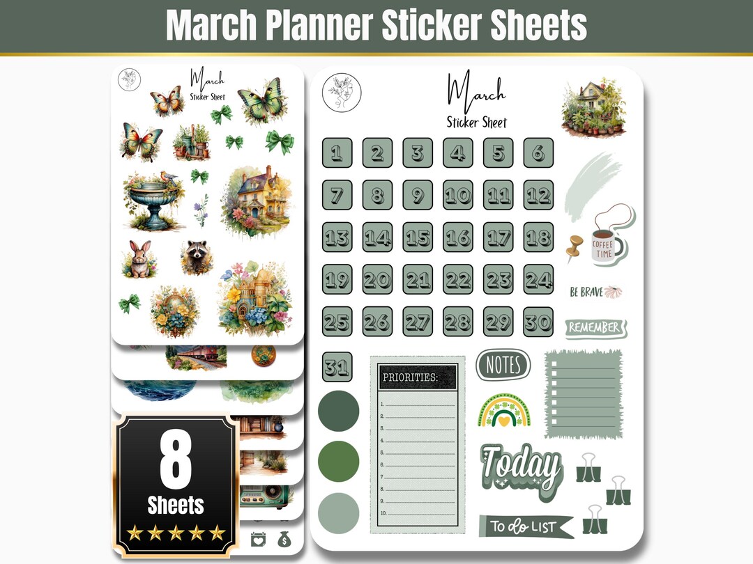 March Planner Sticker Sheets, Spring Stickers, Journaling Stickers ...