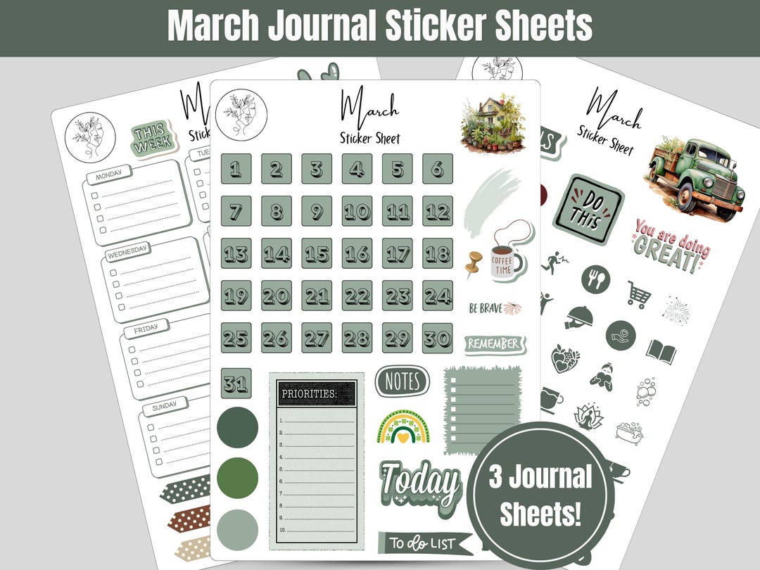 March Journal Sticker Sheets, Green Sticker Set, Journalling Stickers ...