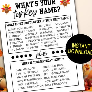 Whats Your Turkey Name Game | Printable Thanksgiving Party Game ...