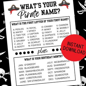 Whats Your Pirate Name Game Printable Pirate Themed Birthday Party Game ...
