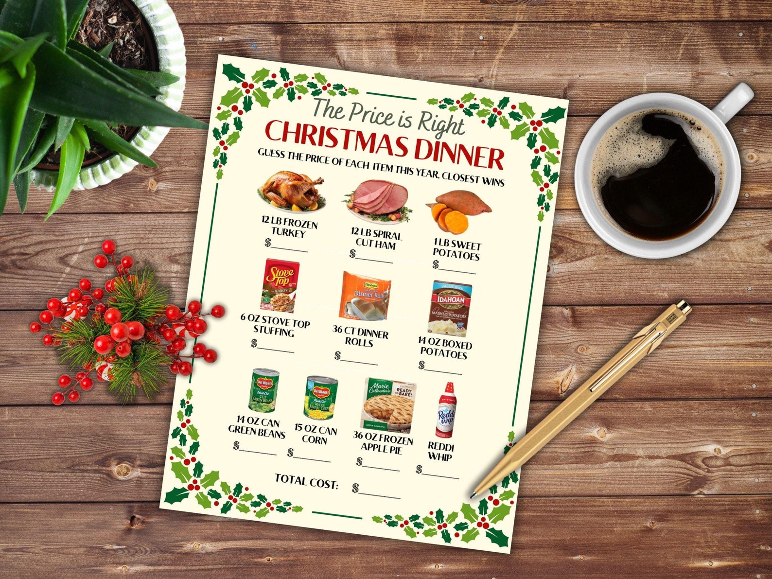 Christmas Dinner Guess Price Game Printable Virtual Xmas Day Quiz for ...