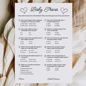 Baby Shower Trivia Game PRINTABLE 5x7 and 8.5x11 | Baby Shower Games ...