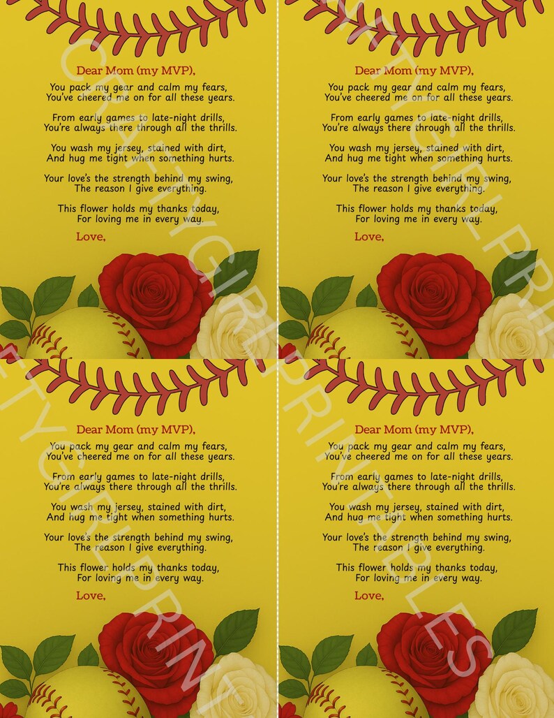 Softball Mom Thank You Poem From Player Daughter PRINTABLE, Mothers Day ...
