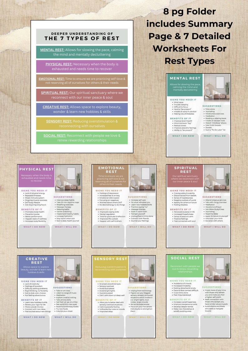 7 Types of Rest Self-care Workbook PRINTABLE | Mental Health and ...