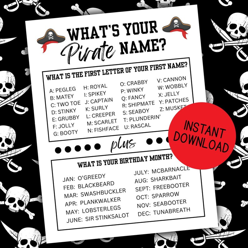 Whats Your Pirate Name Game Printable Pirate Themed Birthday Party Game ...
