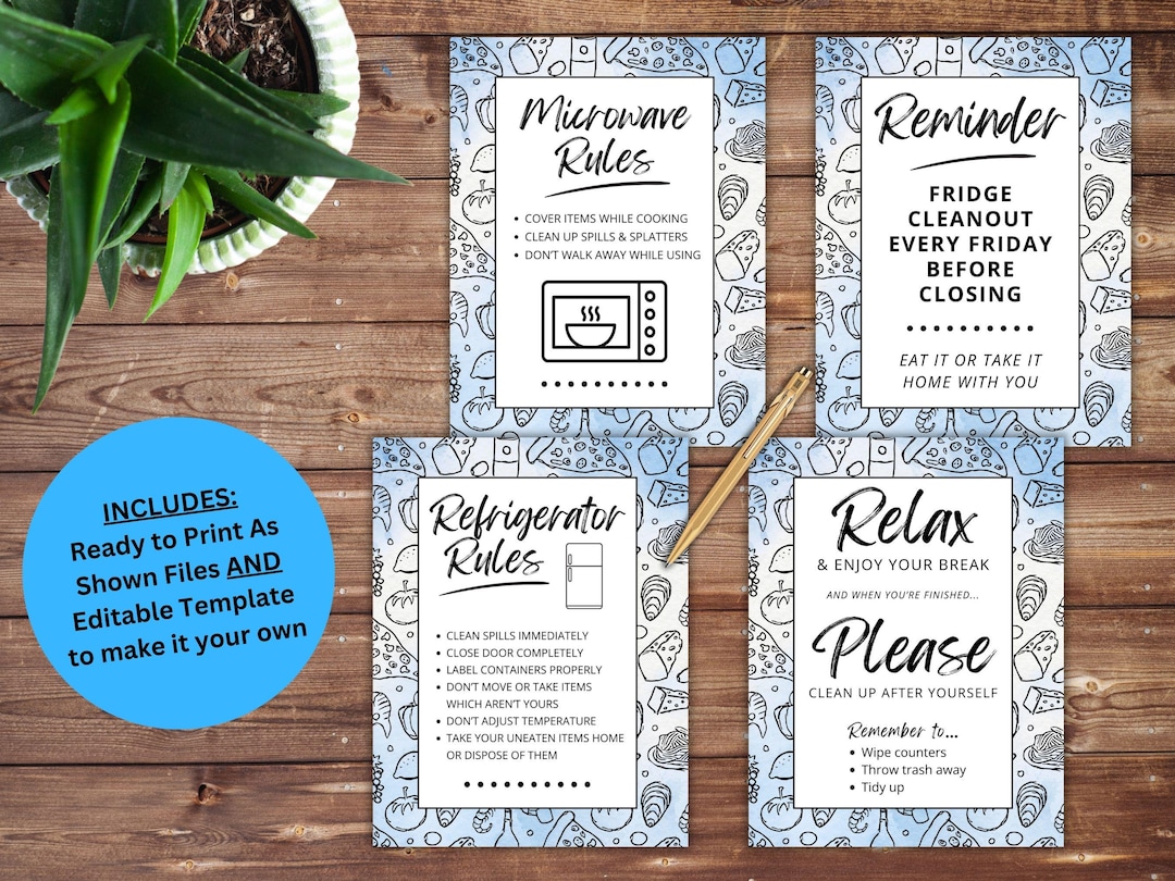 Breakroom Lounge Kitchen Keep Clean Signs Printable EDITABLE TEMPLATE ...