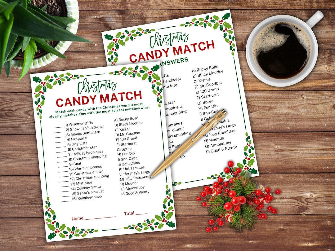 Candy Match Christmas Game Printable Virtual Xmas Day Quiz for Kids ...