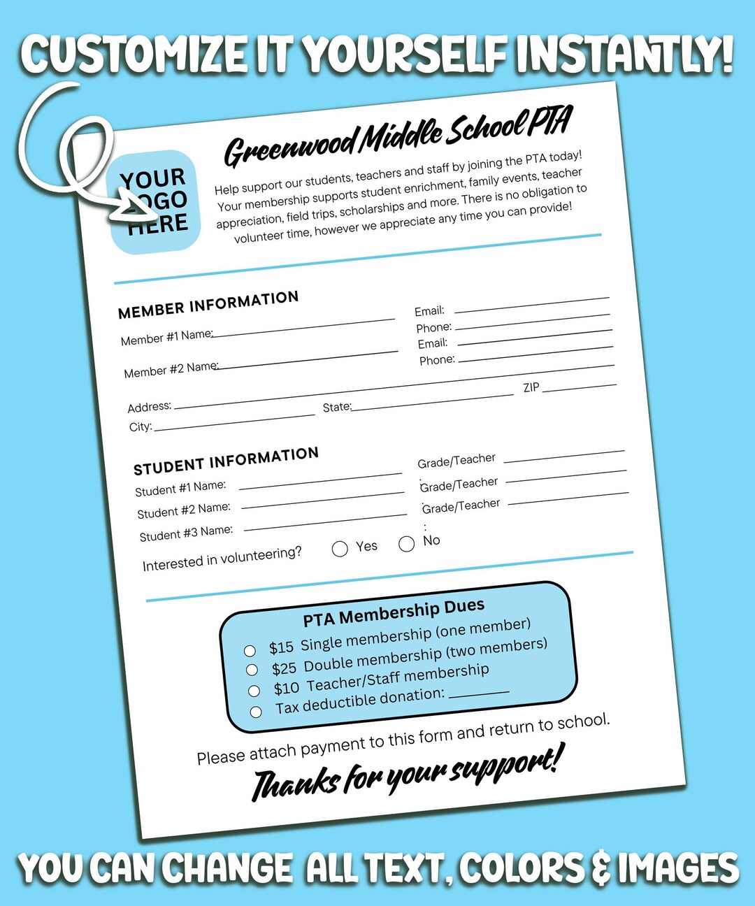 PTA PTO Membership Form Recruitment Flyer Template Handout Printable ...