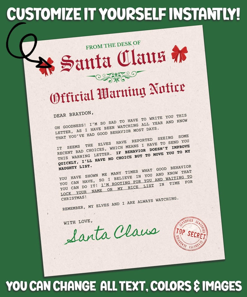 Warning Letter From Santa Template | Printable North Pole Elf Mail ...