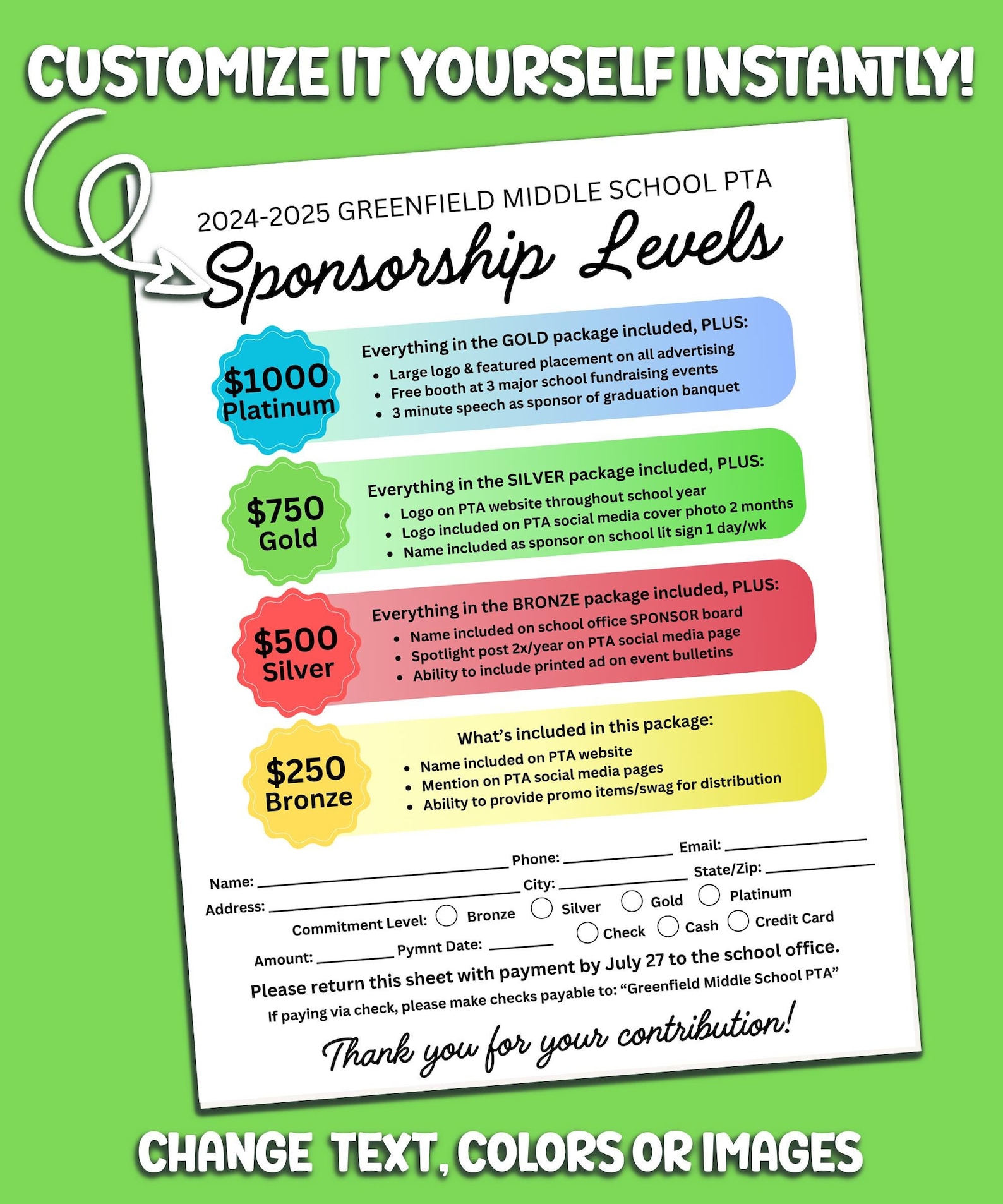PTO PTA Sponsorship Levels Form Editable Template Non-profit Donation ...