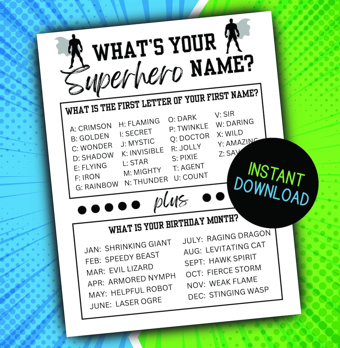 Whats Your Superhero Name Game Printable Superhero Party Game Family ...
