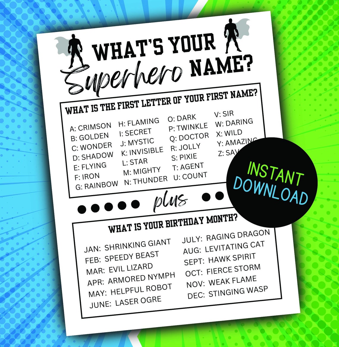 Whats Your Superhero Name Game Printable Superhero Party Game Family ...