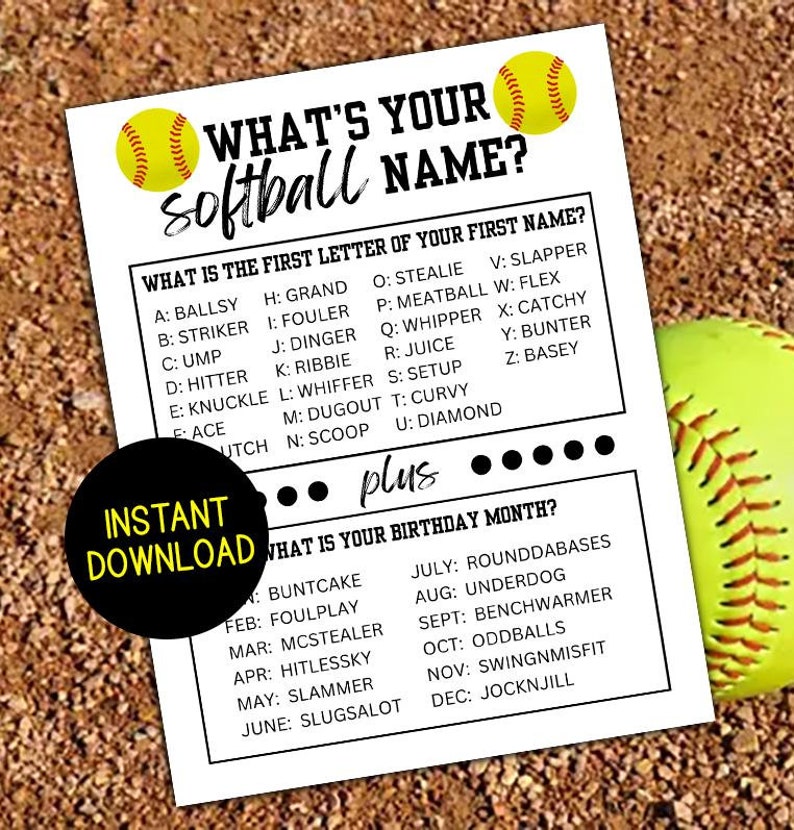 Whats Your Softball Name Game | Printable Softball Team Meal Party Game ...