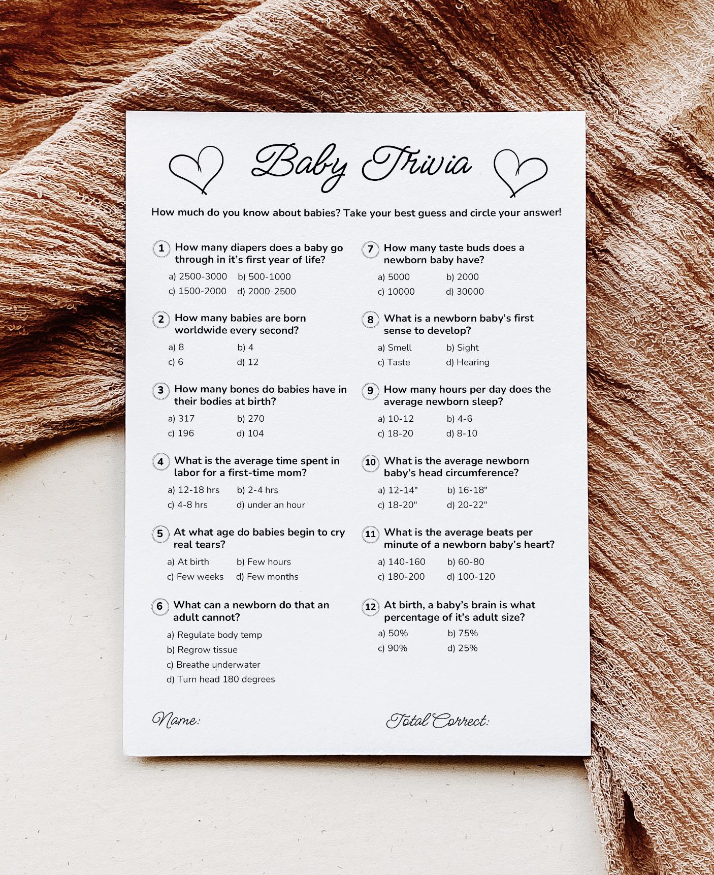 Baby Shower Trivia Game PRINTABLE 5x7 and 8.5x11 | Baby Shower Games ...
