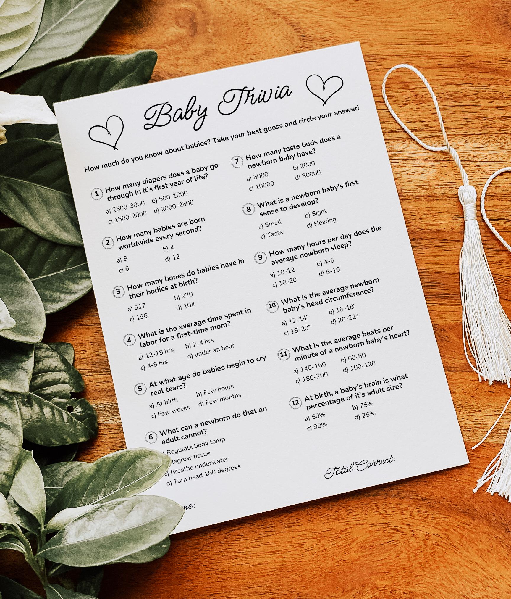 Baby Shower Trivia Game PRINTABLE 5x7 and 8.5x11 | Baby Shower Games ...