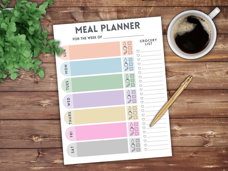 Meal Planner and Grocery List Printable | Colorful Weekly Menu Planner ...