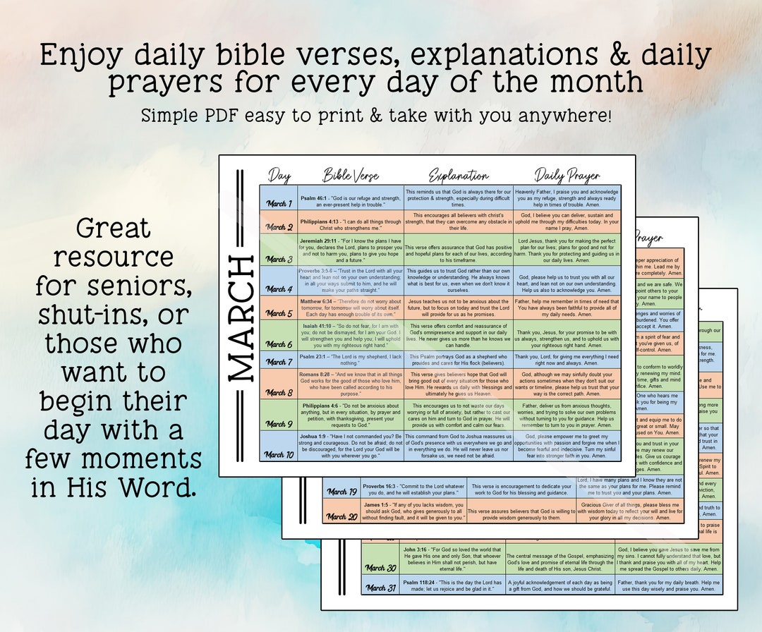 March Daily Devotional Chart PRINTABLE | Bible Verse Prayer PDF Chart 8 ...