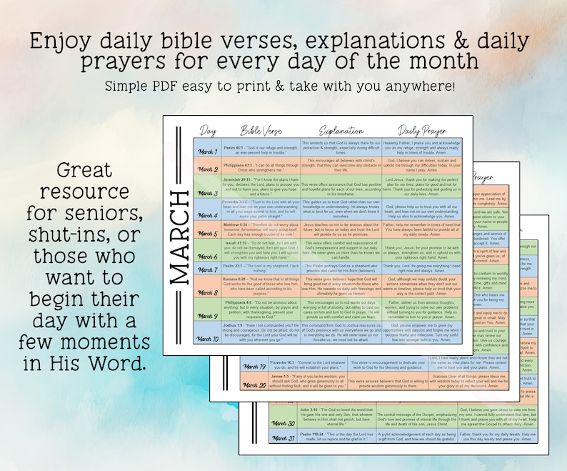 March Daily Devotional Chart PRINTABLE | Bible Verse Prayer PDF Chart 8 ...