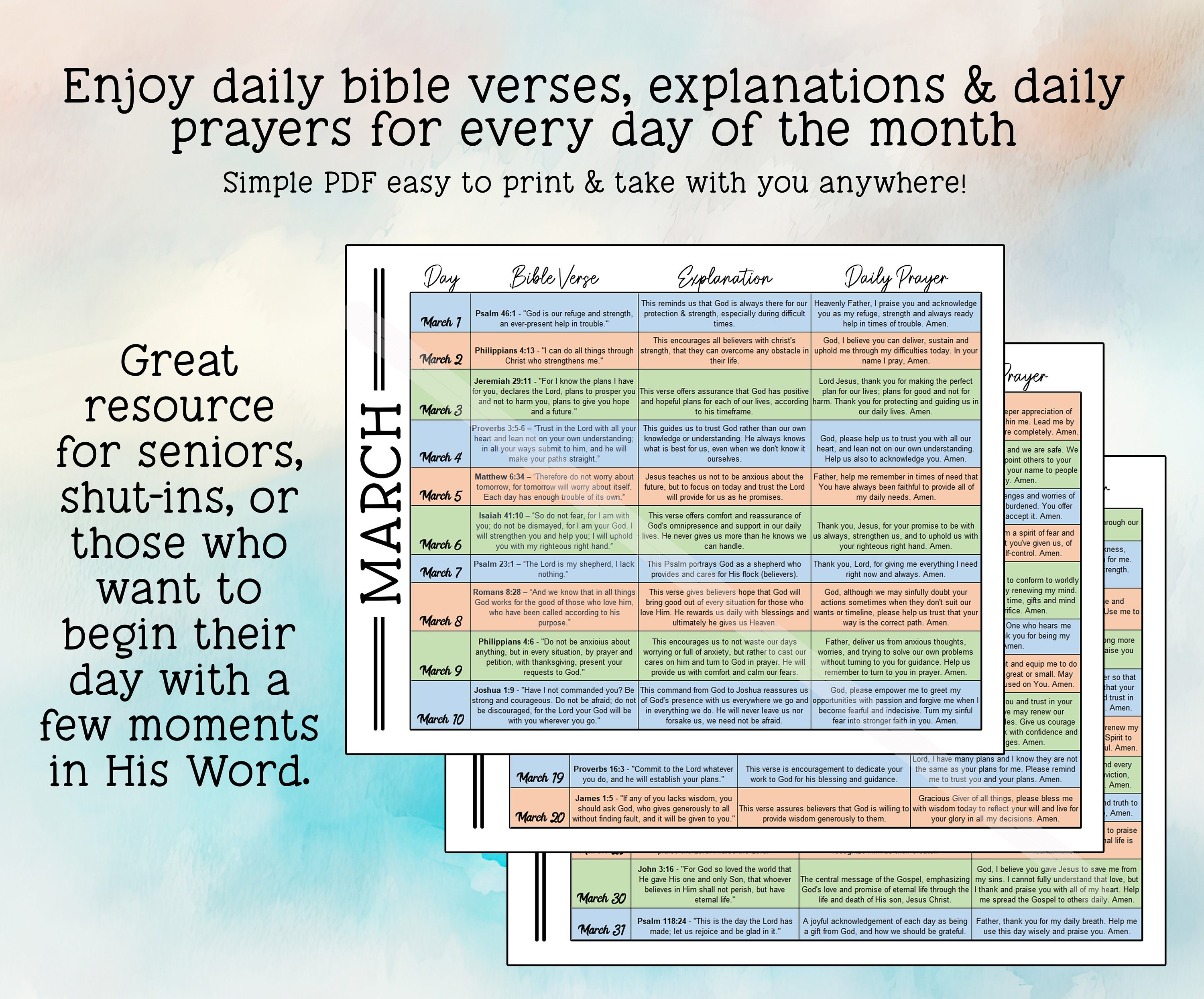 March Daily Devotional Chart PRINTABLE | Bible Verse Prayer PDF Chart 8 ...