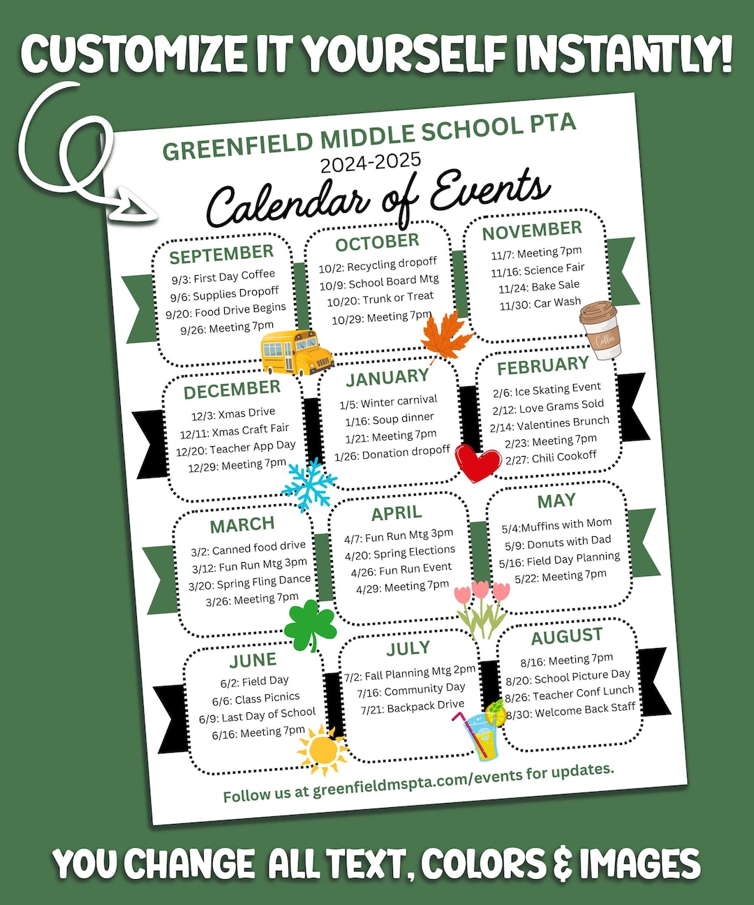 PTA Calendar of Events Flyer Editable Template for PTO Monthly Event ...