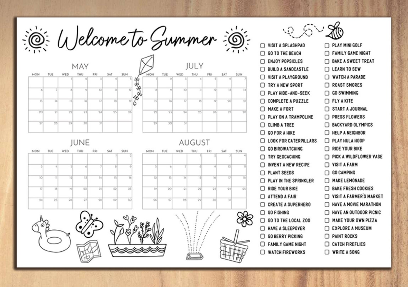 Printable Summer Calendar Poster, Summer Activities Calendar, Bucket ...