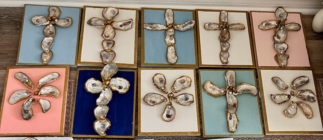 Beautiful Oyster Shell Cross or Flower on Canvas - Etsy