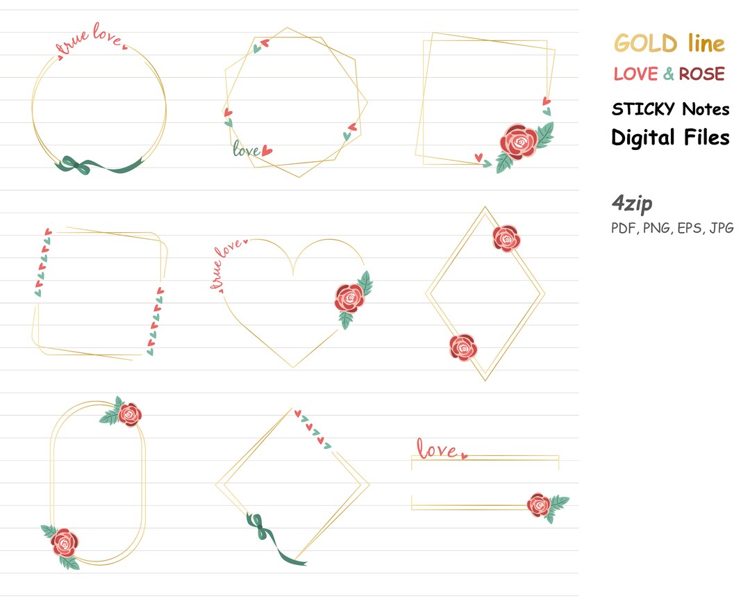 Gold Line LOVE&ROSE Sticky Notes Digital Planner Stickers - Etsy