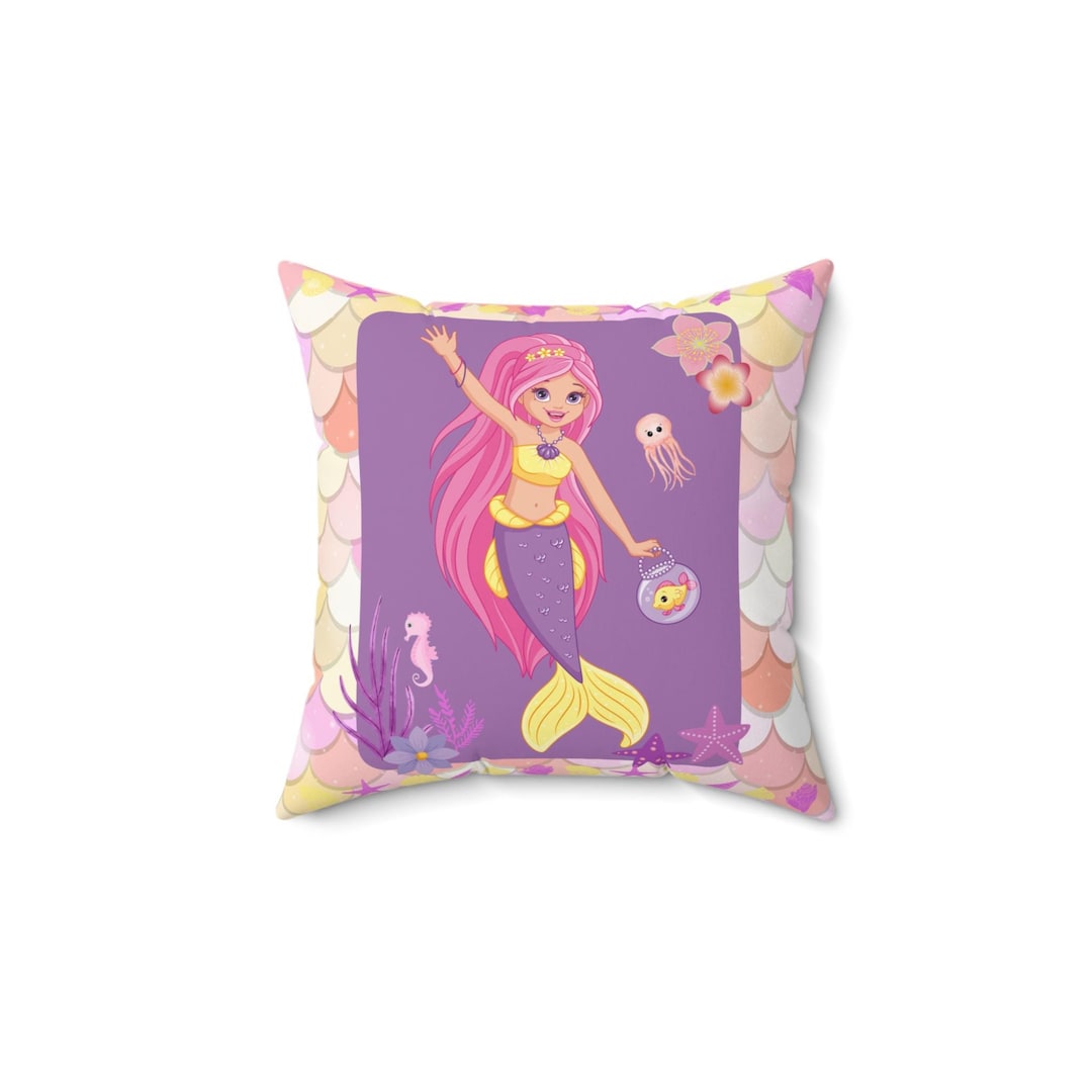 Mermaid Pillow: Pink Hair, Purple Fin, Kid's Room Decor - Etsy
