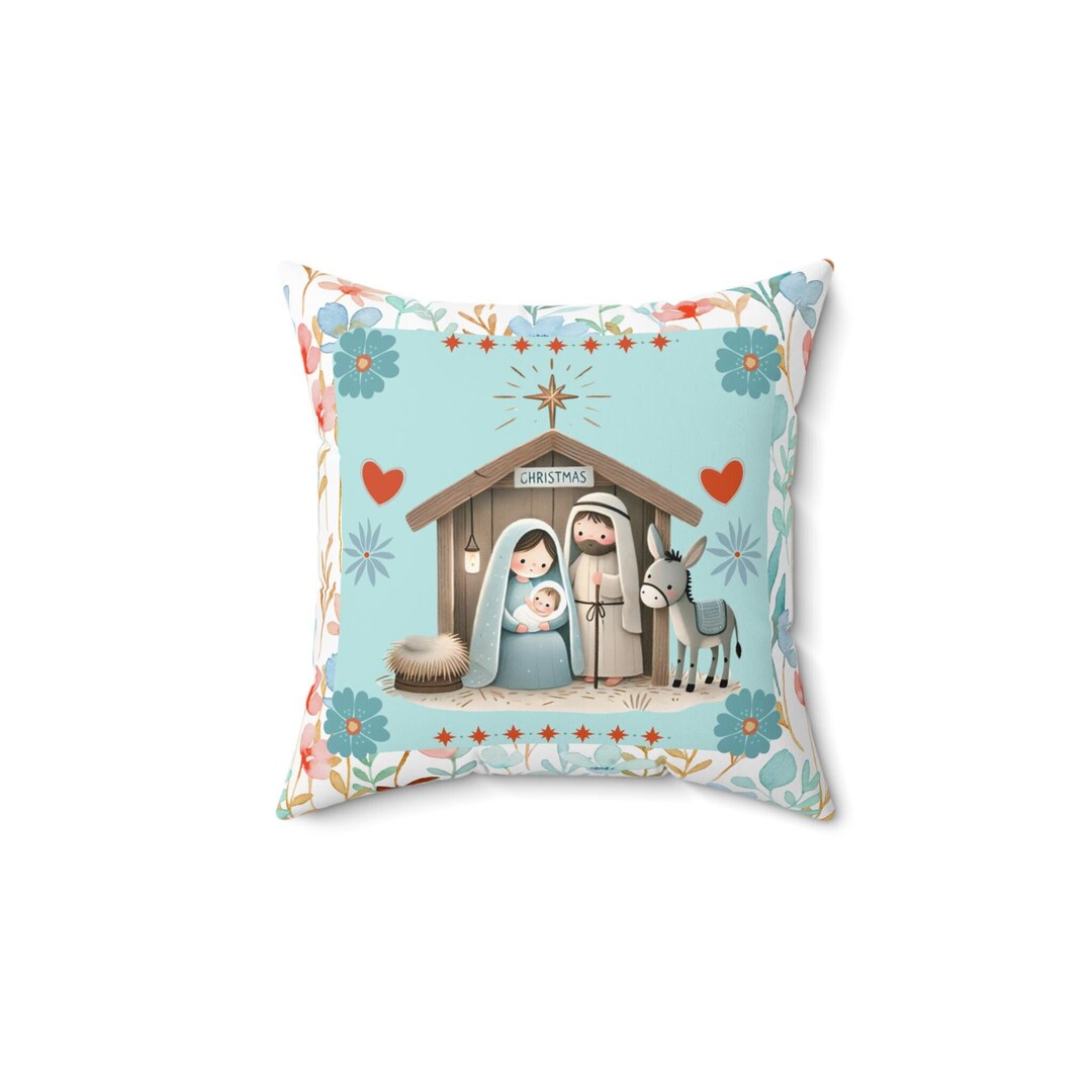 Nativity Pillow in Turquoise and Red-christmas Pillow-spun Polyester ...