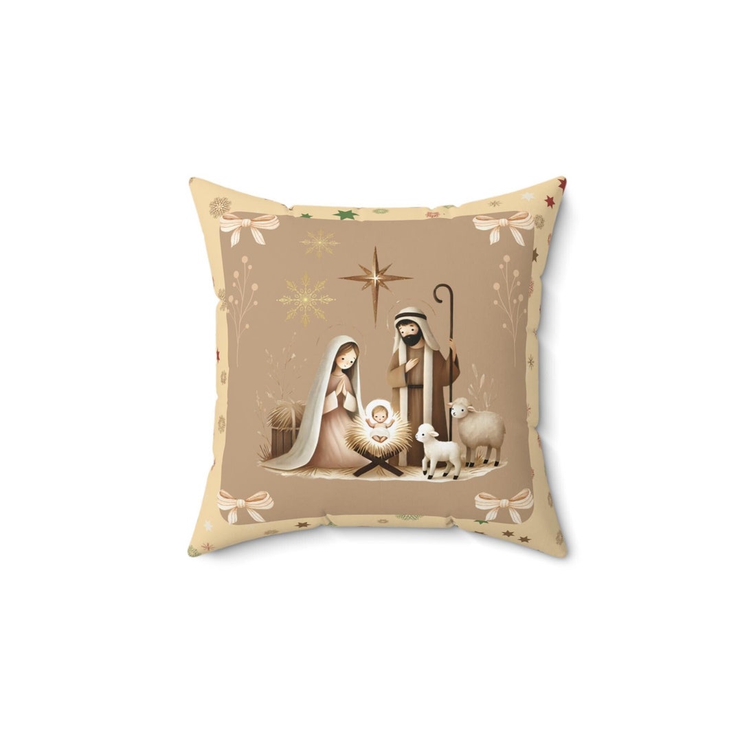 Nativity Christmas Pillow- Brown and Yellow With Stars-spun Polyester ...