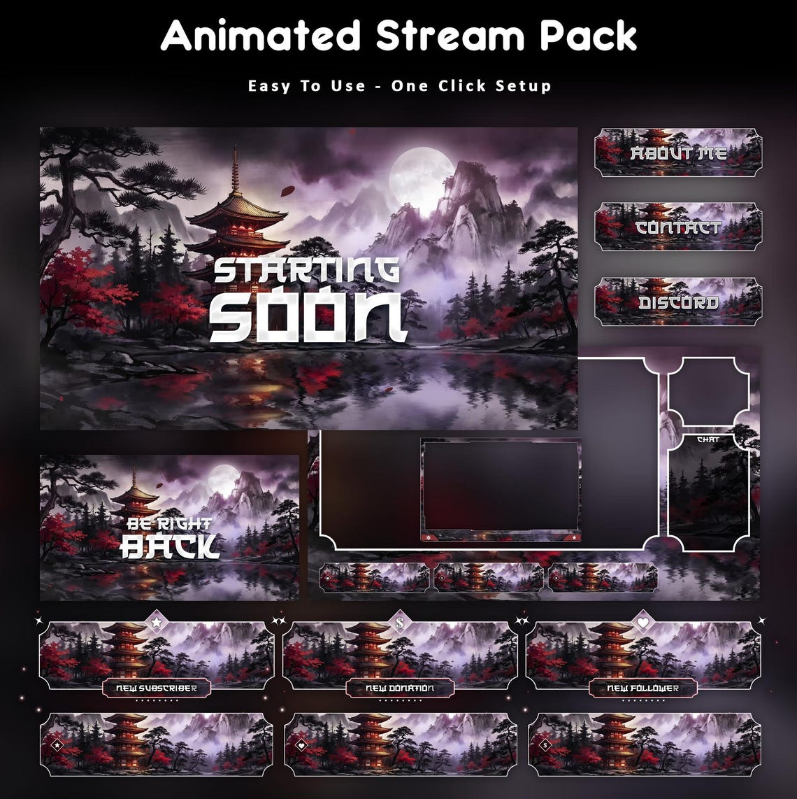 Samurai Moon Animated Stream Package: for Twitch Overlay, Youtube, Kick / Japanese Overlays - Etsy