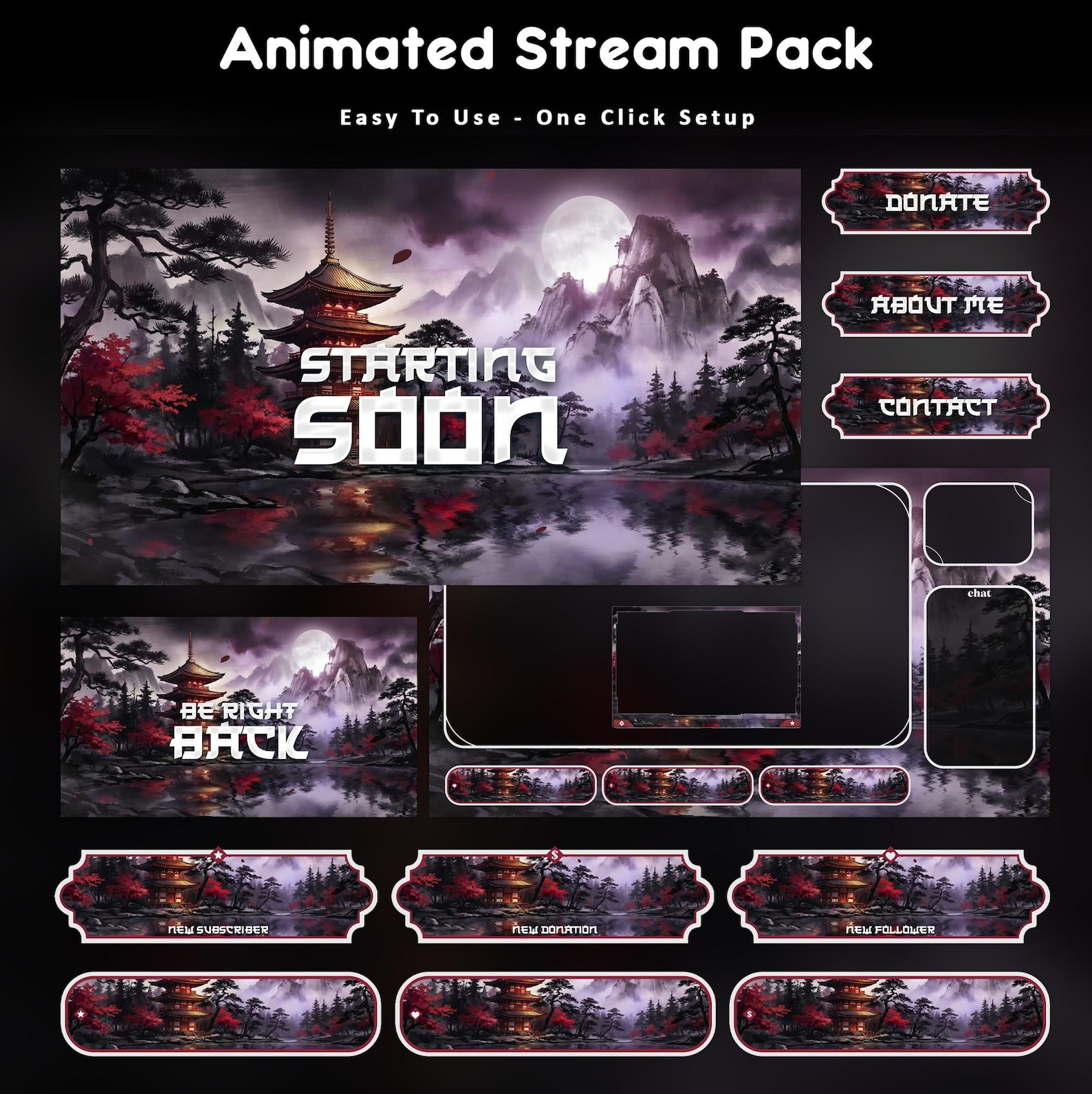 Samurai Moon Animated Stream Package: for Twitch Overlay, Youtube, Kick ...