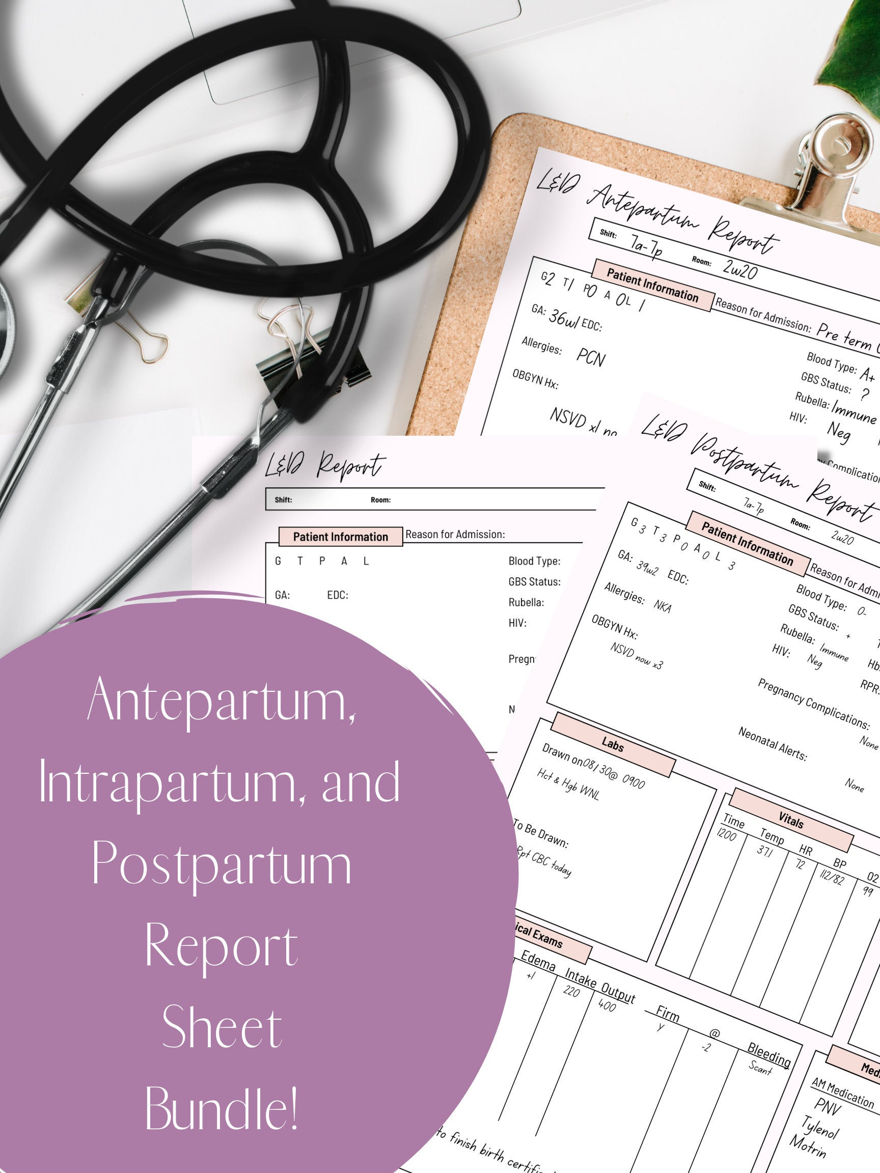 Report Sheet Bundle: Antepartum, Intrapartum, and Postpartum / Digital ...