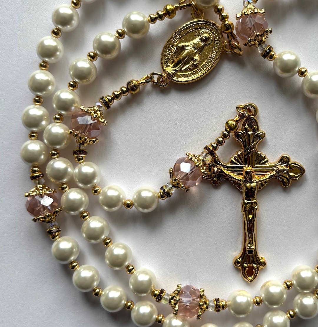 Elegant Shell Pearl Rosary – Catholic Rosary With Gold Tone Crucifix ...