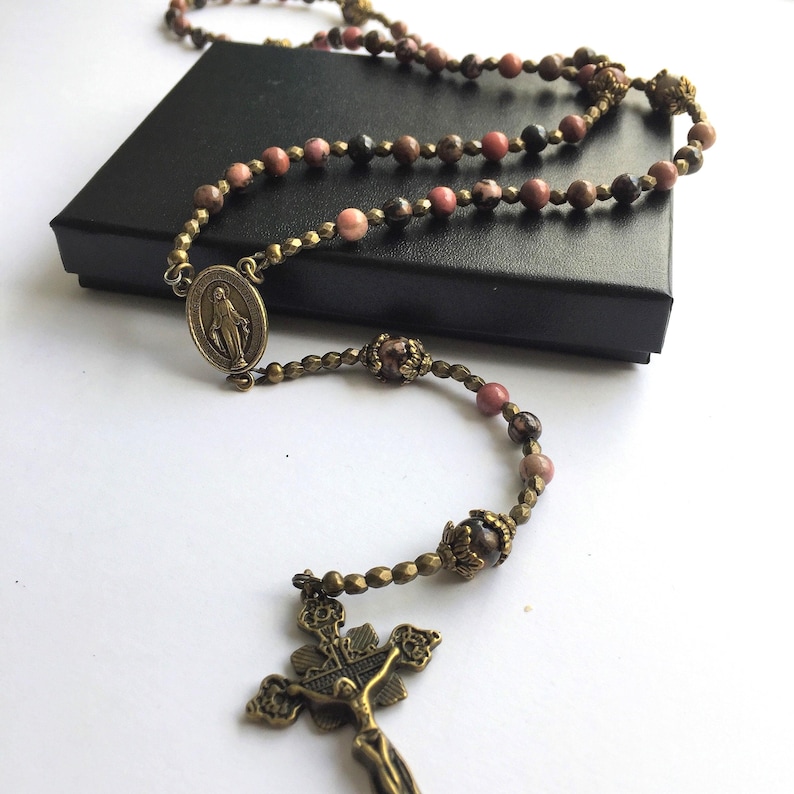 Rhodonite Stone Rosary Beads, Vintage Style Catholic Gift - Etsy