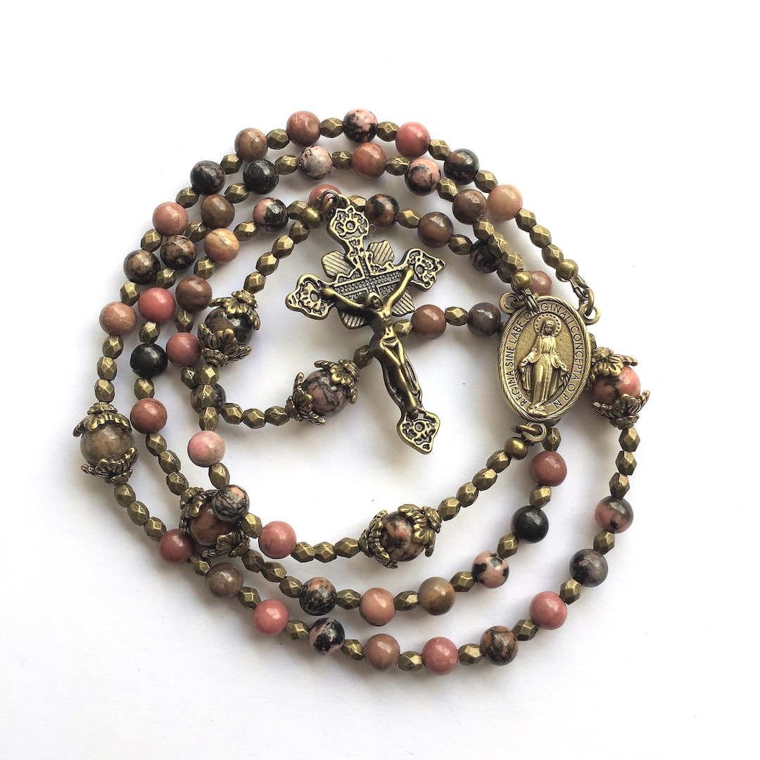 Rhodonite Stone Rosary Beads, Vintage Style Catholic Gift - Etsy