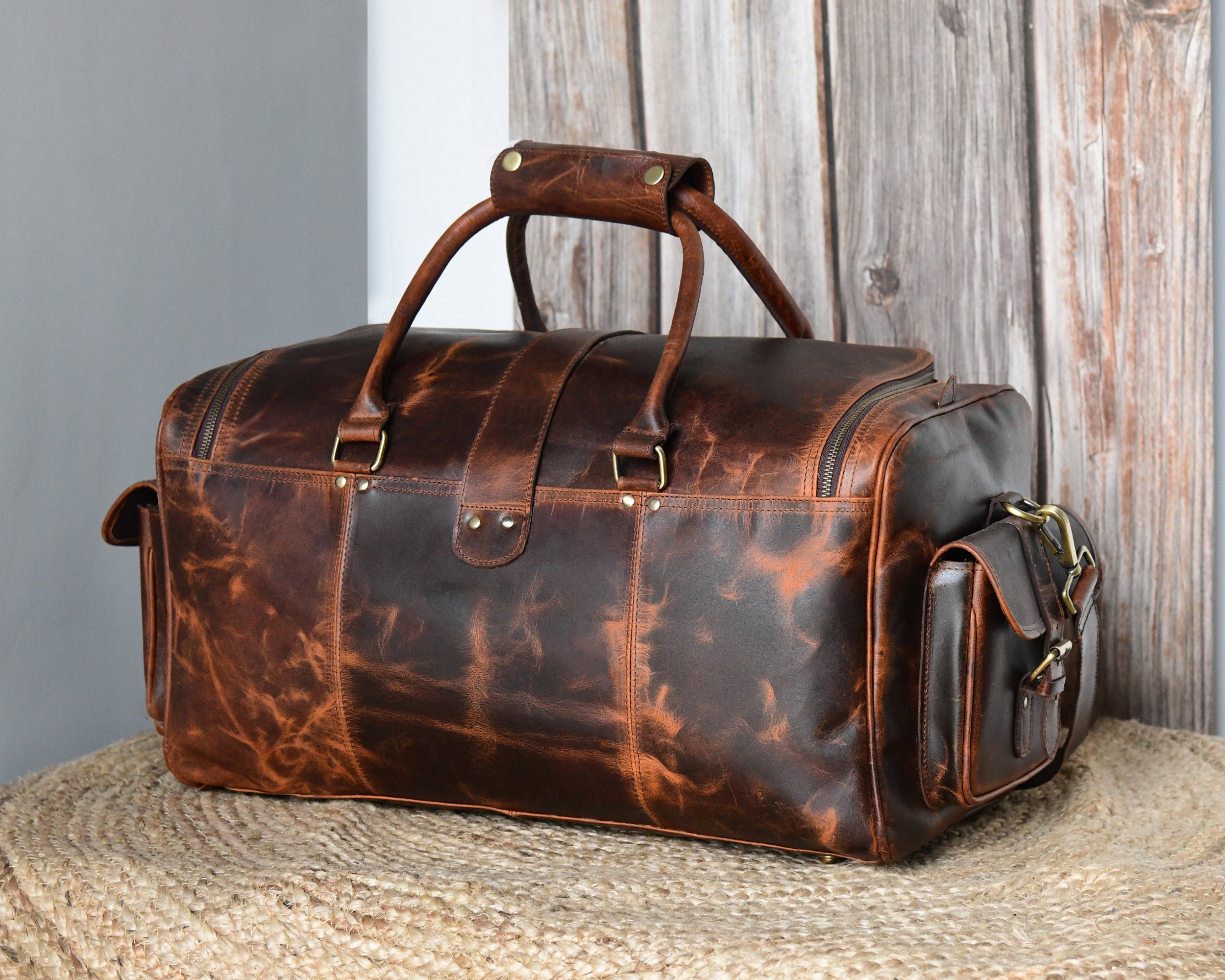Engraved Leather Duffle Bag: Handmade Full Grain Weekender Travel ...