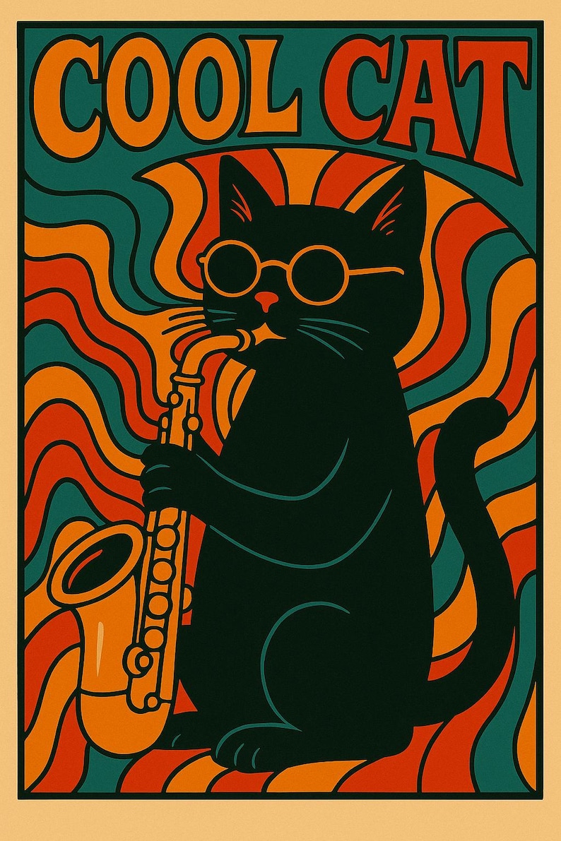 Cool Cat Retro Wall Art | Psychedelic Cat Print | Digital Download ...