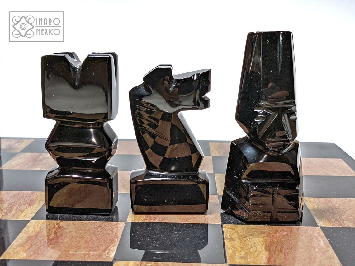 Obsidian Handcarved Chess Pieces & Onyx Board Set Handmade | Etsy