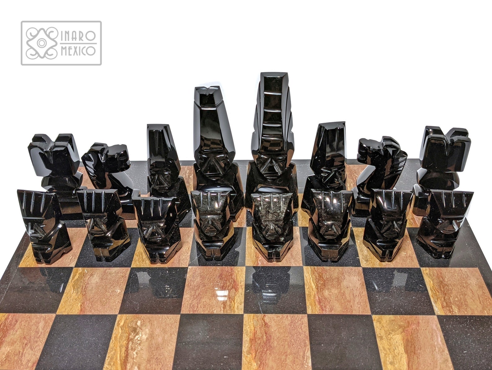 Obsidian Handcarved Chess Pieces & Onyx Board Set Handmade | Etsy