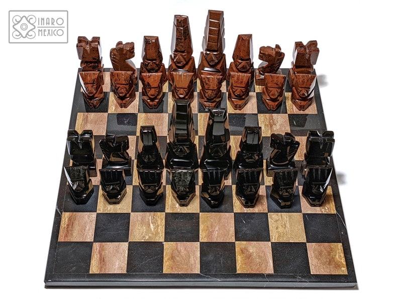 Obsidian Handcarved Chess Pieces & Onyx Board Set Handmade - Etsy