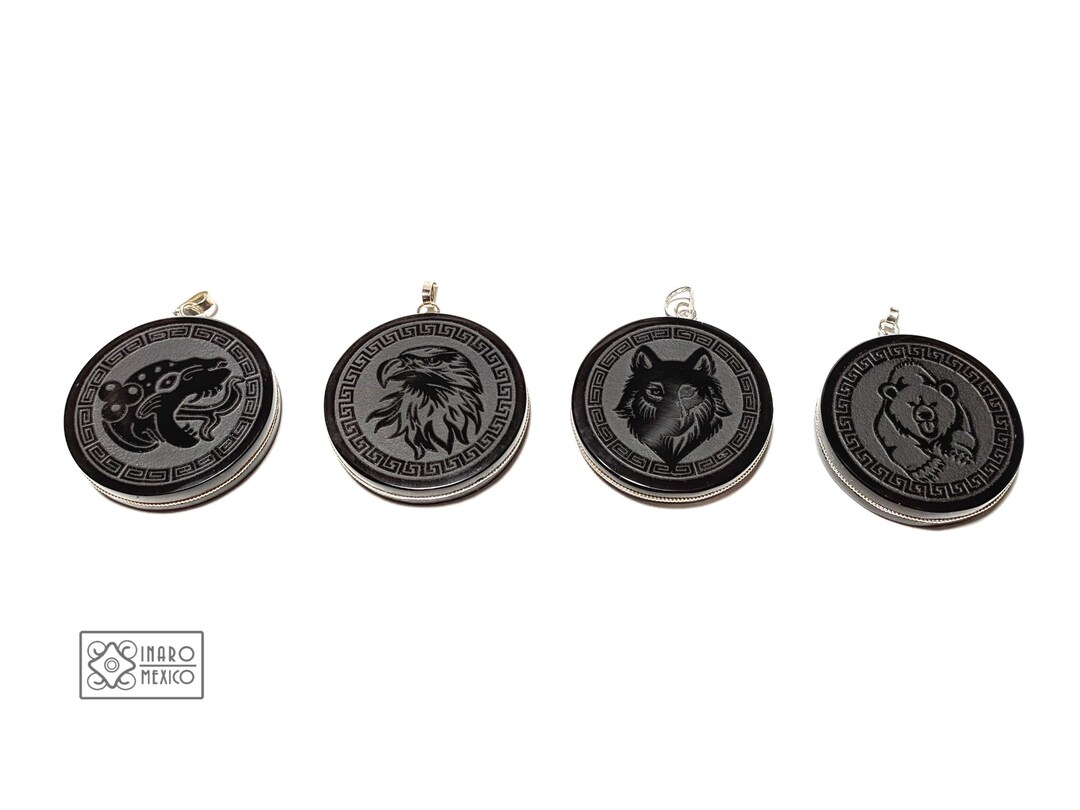 Obsidian Animal Pendats, Totemic Eagle, Bear, Wolf, Jaguar, Set of 4 ...