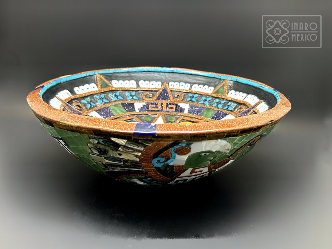 Obsidian Aztec Calendar Vessel: Mineral Mosaic, Hand-carved in Mexico ...
