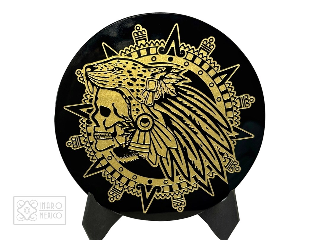 Black Obsidian Mirror – Golden Jaguar Warrior | Mesoamerican Ritual Art ...